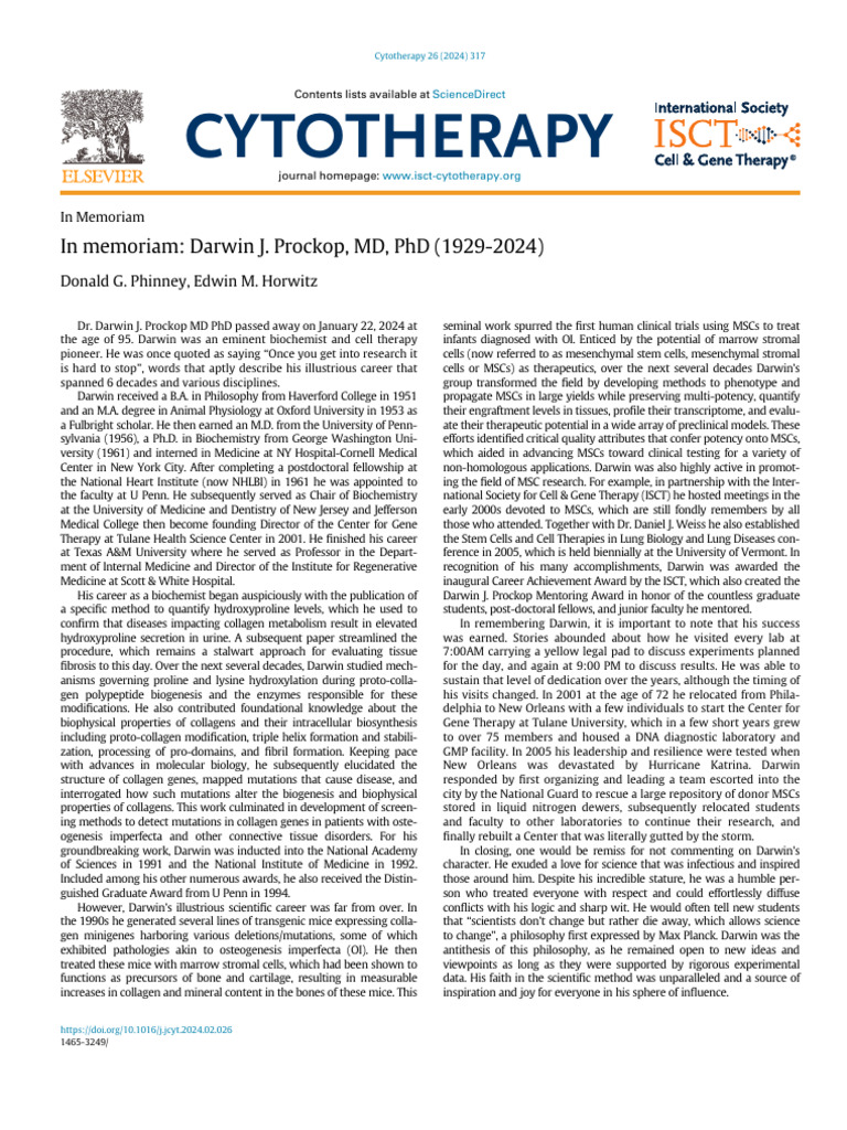 In Memoriam Darwin J. Prockop, MD, PHD (1929 2024 | PDF | Mesenchymal ...