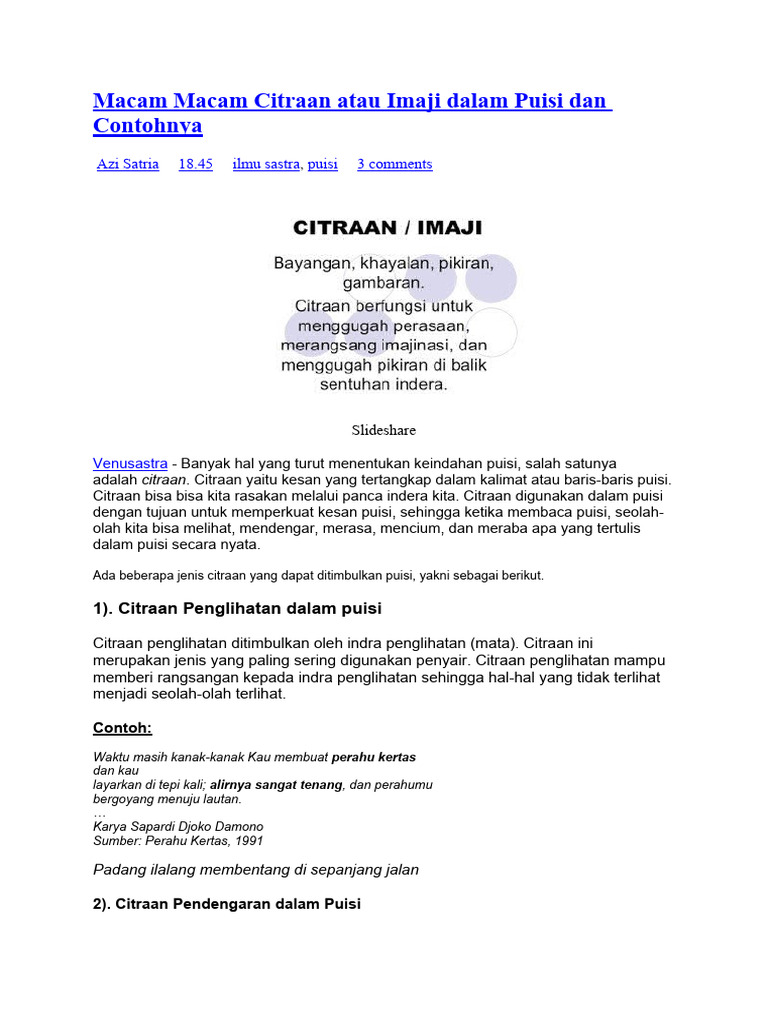 Macam Macam Citraan Atau Imaji Dalam Puisi Dan Contohnya Pdf