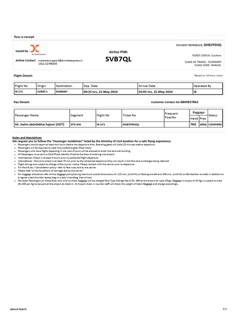 AIRLINE TICKET STV-SHJ 15TH MAY HAJOORI HATIM MR (1) | PDF | Transport | Aviation
