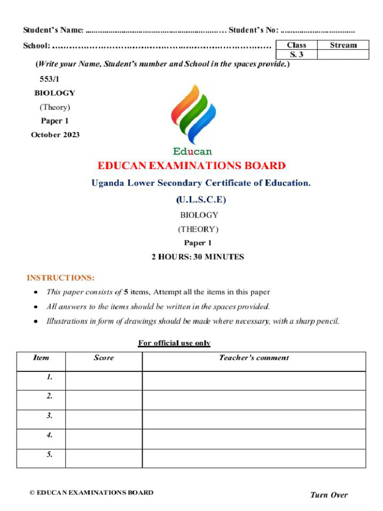 Educan CBC Biology Pretest | PDF