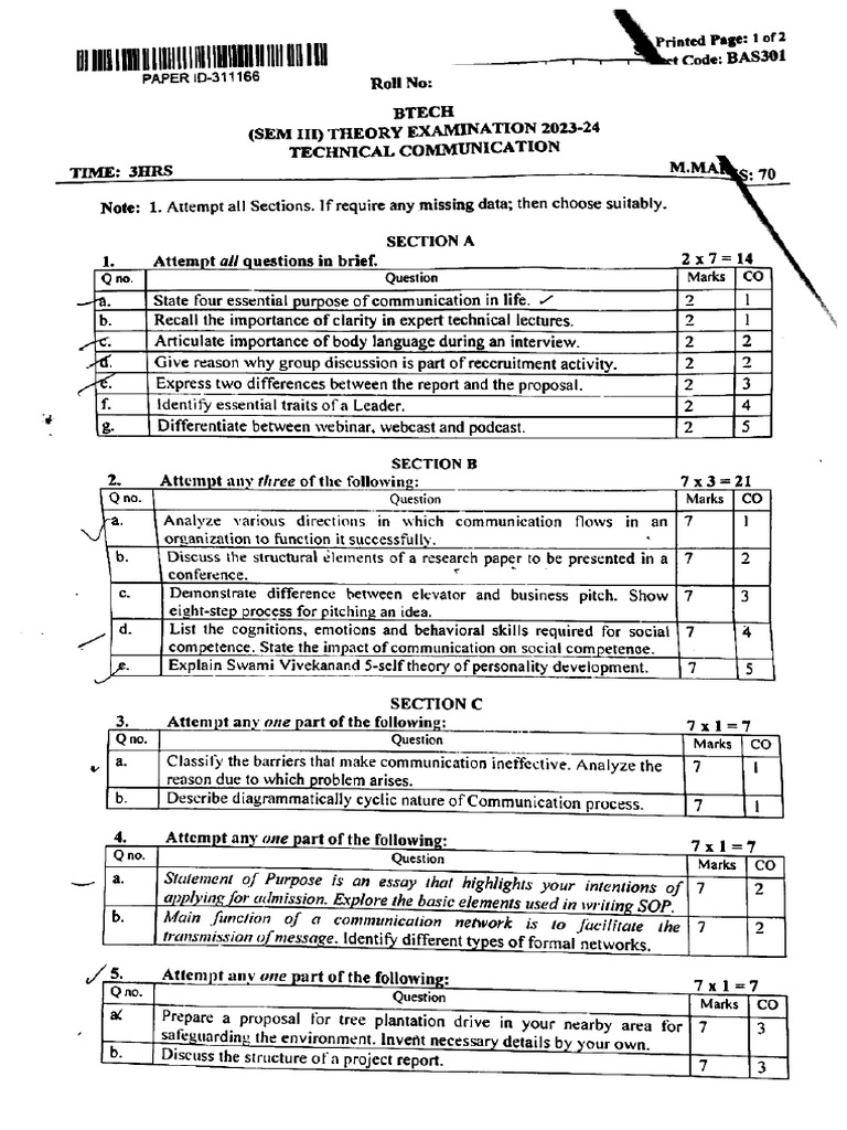 Btech As 3 Sem Technical Communication Bas301 Mar 2024 | PDF