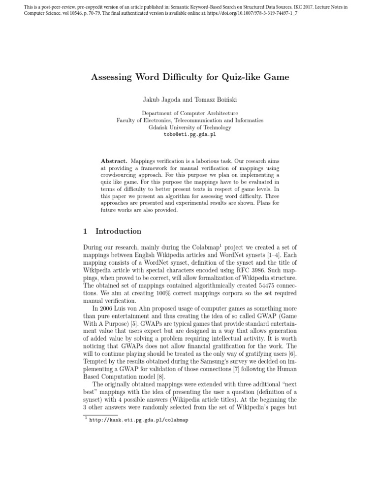 Word Difficulty in Quiz Games | PDF | Games & Activities | Computers