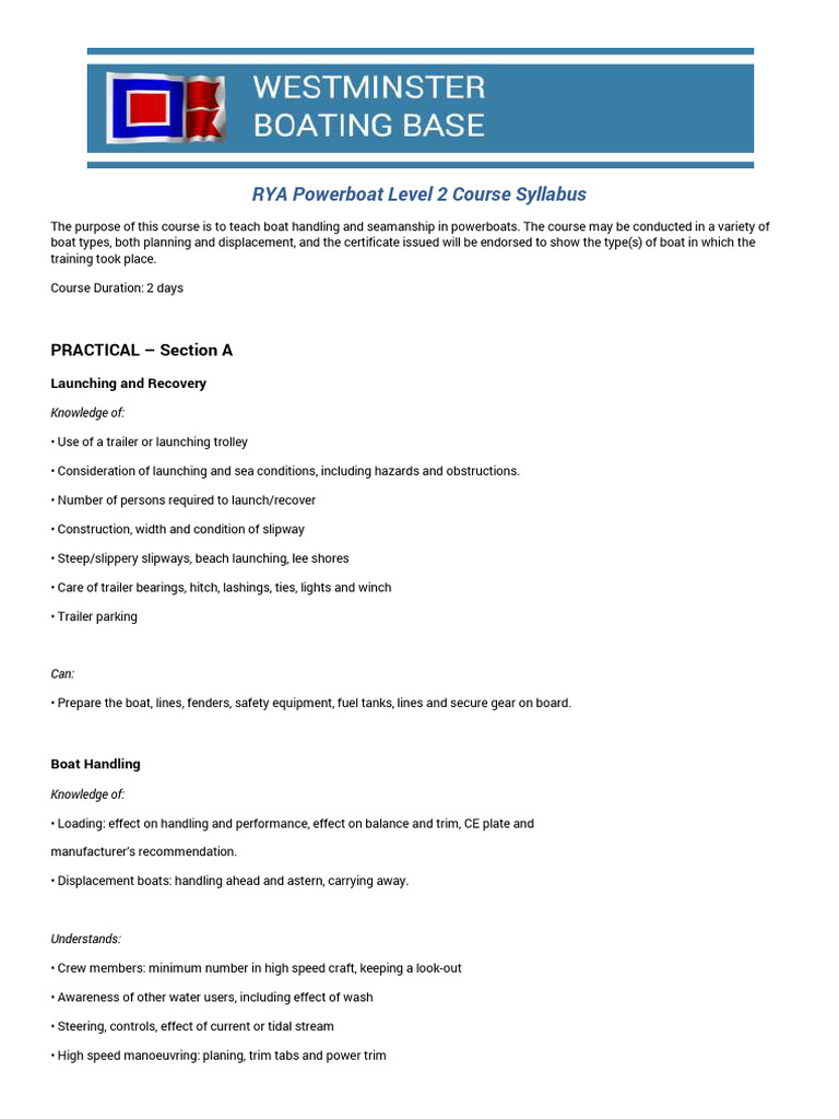 RYA Powerboat Level 2 Syllabus | PDF | Anchor | Shipping