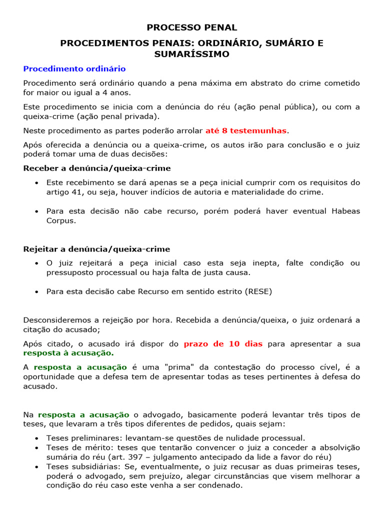 Resumo - Procedimentos No CPP | PDF | Crimes | Crime e Violência