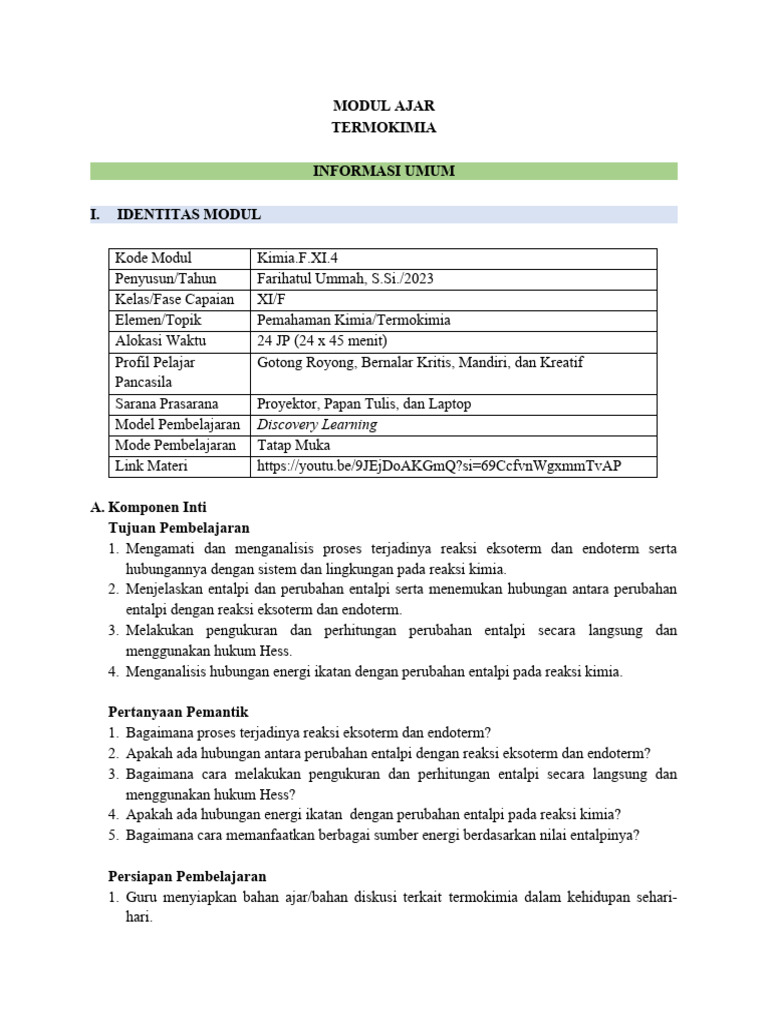 Modul Ajar Termokimia Kelas 11 | PDF