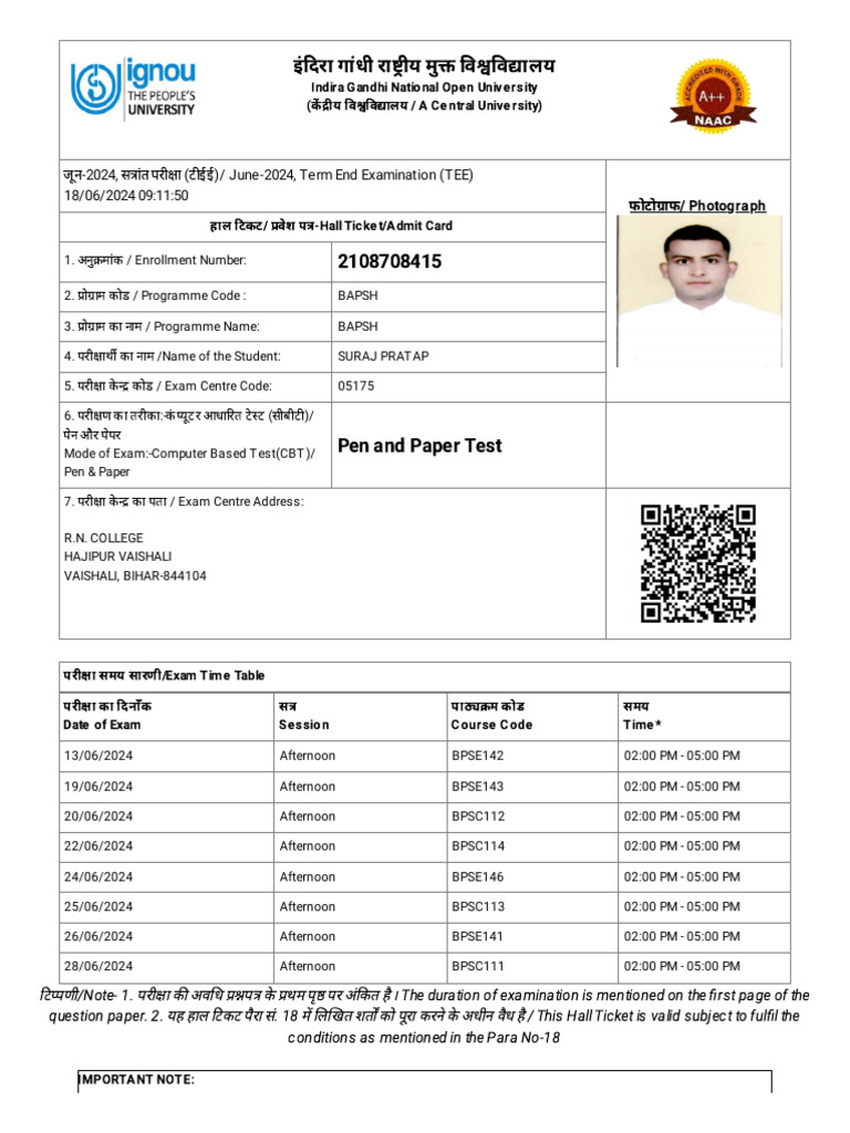Ignou June-2024 - Hall Ticket - Admit Card | PDF