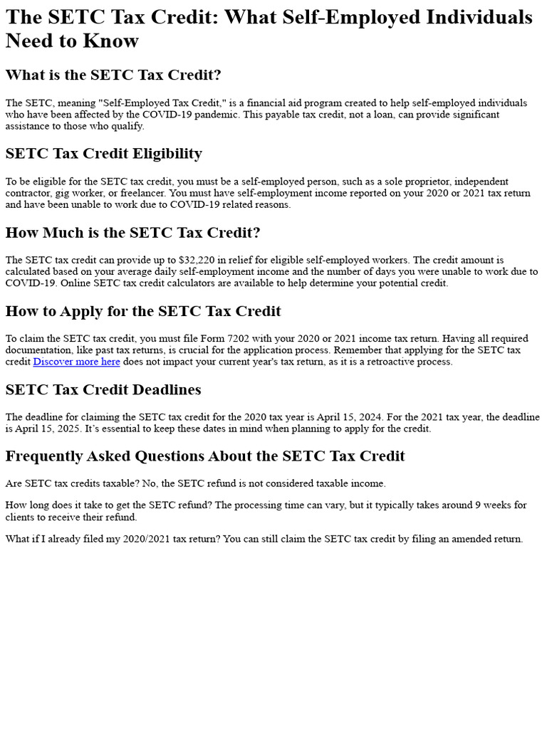SETC Tax Credit Guide for Self-Employed | PDF
