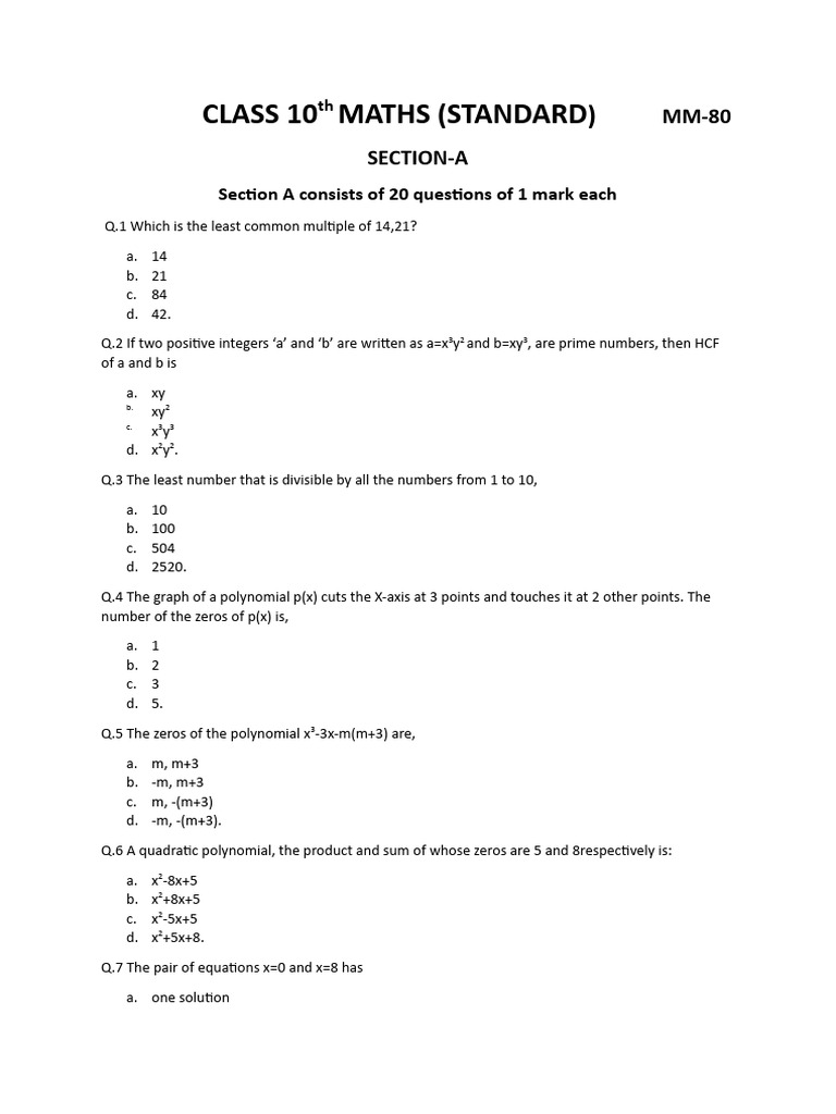 CLASS 10th MATHS (Standar) HALF YEARLY 2024-25 | PDF | Numbers | Polynomial