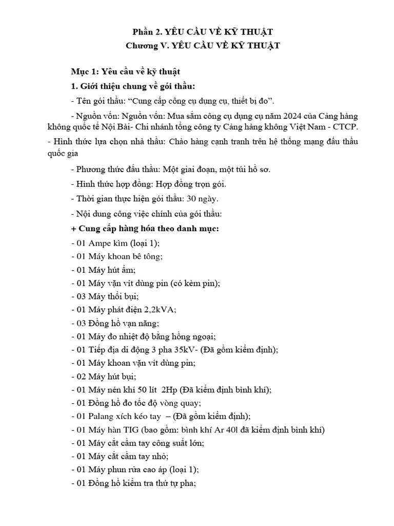 CHƯƠNG V.YÊU CẦU VỀ KỸ THUẬT CCDC | PDF