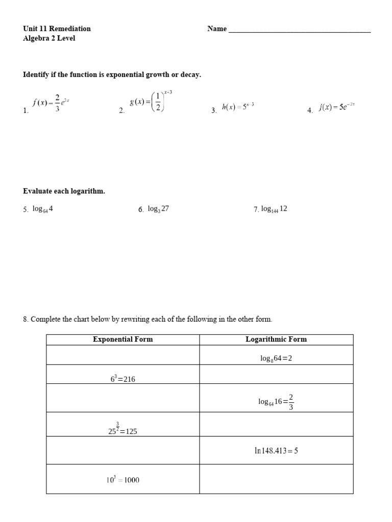 Unit 11 Remediation | PDF | Logarithm | Exponential Function