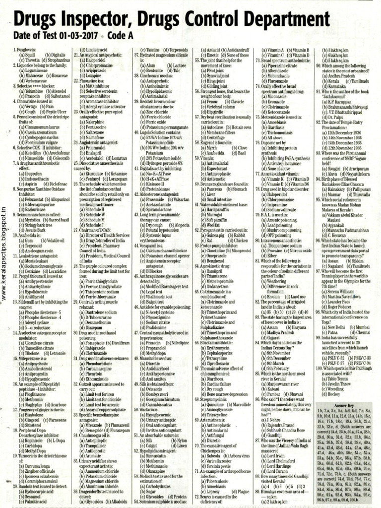 Drugs Inspector Drugs Control Department - Dt. 01.03.2017 - Question ...