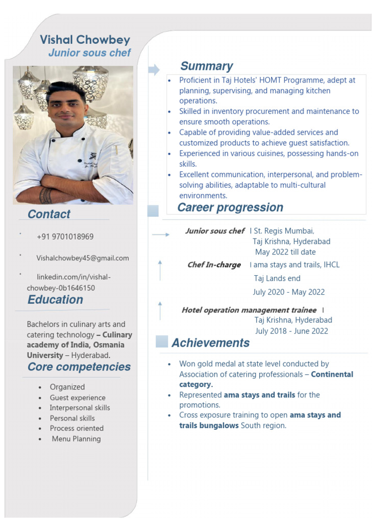 Vishal Resume 2024 | PDF | Restaurants | Chef
