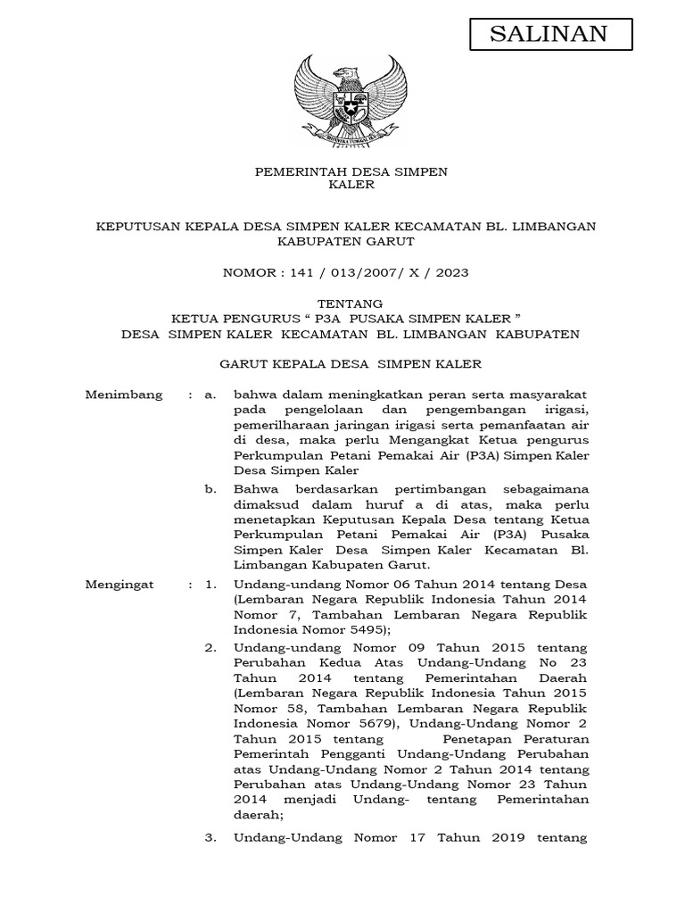 Ketua P3A Pusaka Simpen Kaler 2023 | PDF