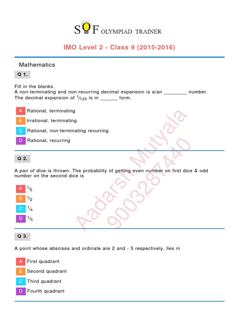 Class 9 IMO Level 2 Exam Questions | PDF | Area | Circle