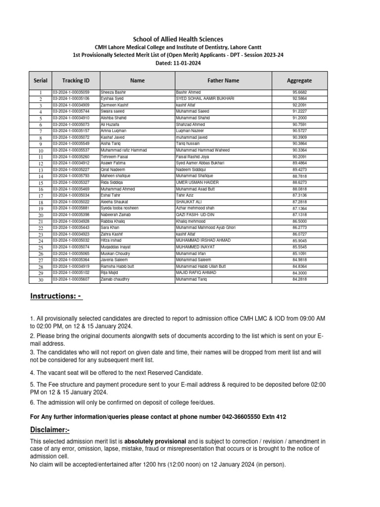 1st Provisional Merit List Waiting DPTOpen Merit | PDF