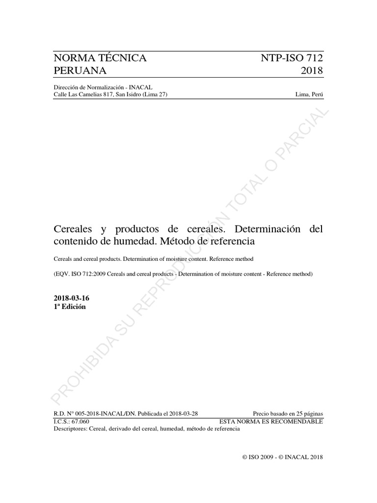 NTP ISO 712 2018 Cereales y Productos de Cereales Determinacion Del Contenido de Humedad | PDF ...