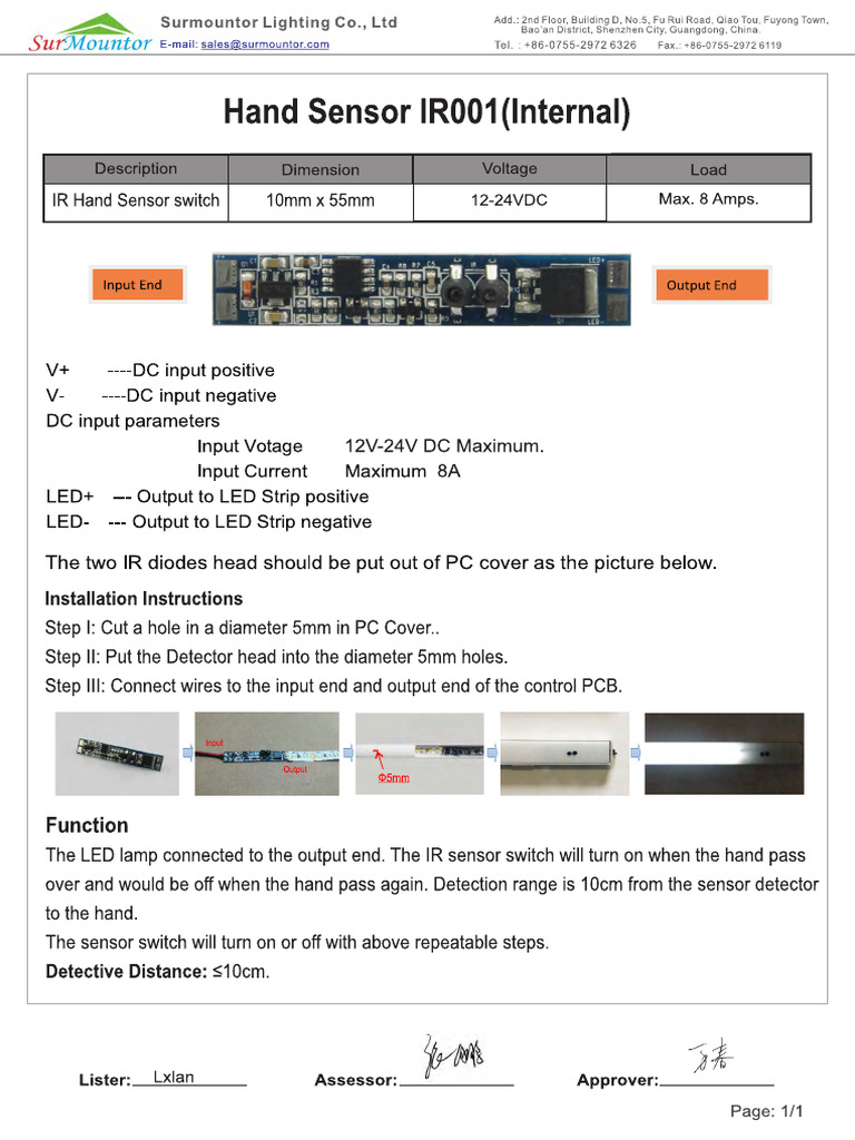 IR001 Hand Sensor Datasheet | PDF