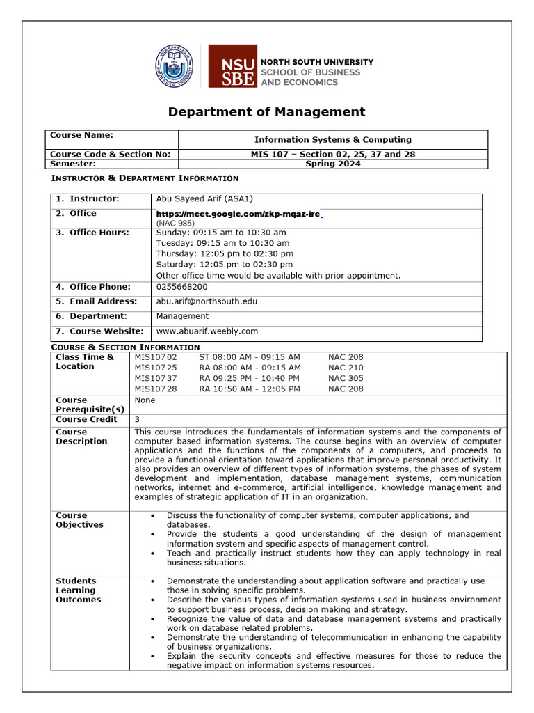 Course Outline Spring 2024 2pages | PDF | Information | Information System