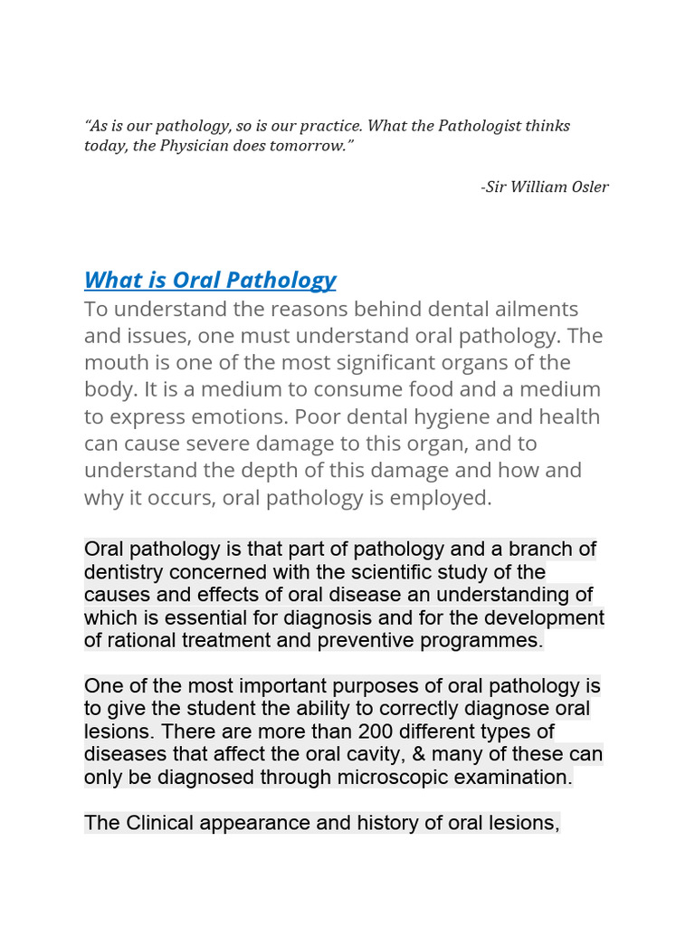 Importance of Oral Pathology | PDF | Pathology | Dentistry