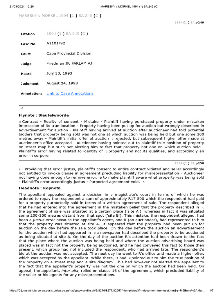MARESKY V MORKEL 1994 (1) SA 249 (C) | PDF | Misrepresentation | Auction