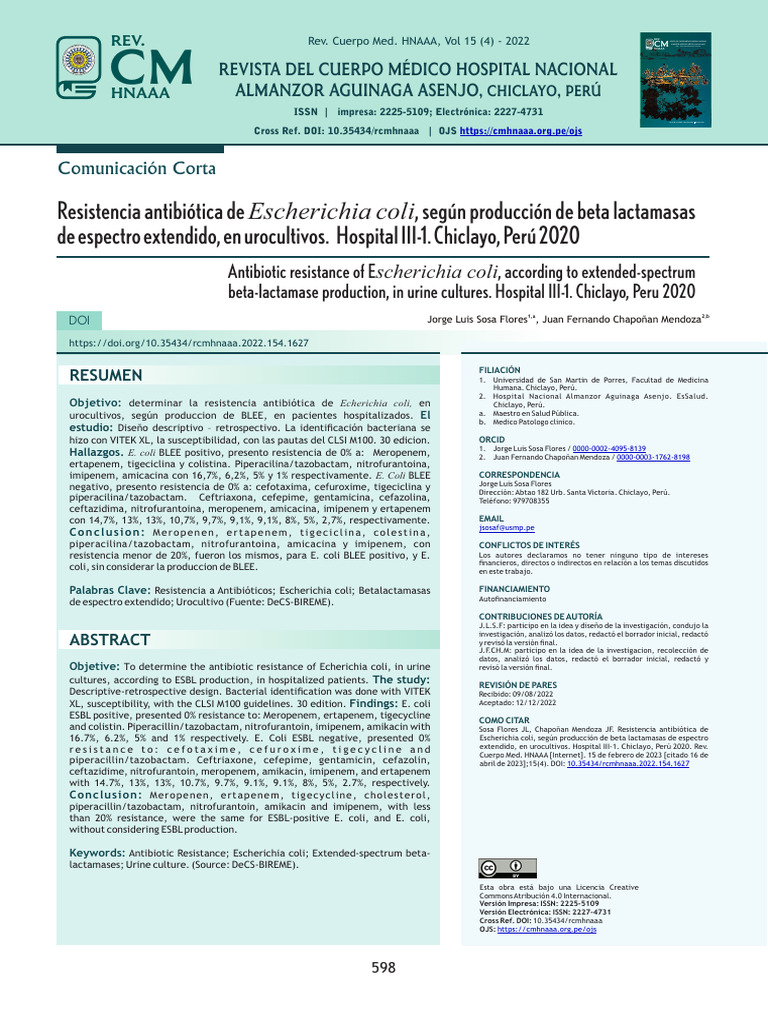 Sosa 2022. Rs E. Coli. Artc. Original | PDF | Antibióticos | Especialidades Medicas