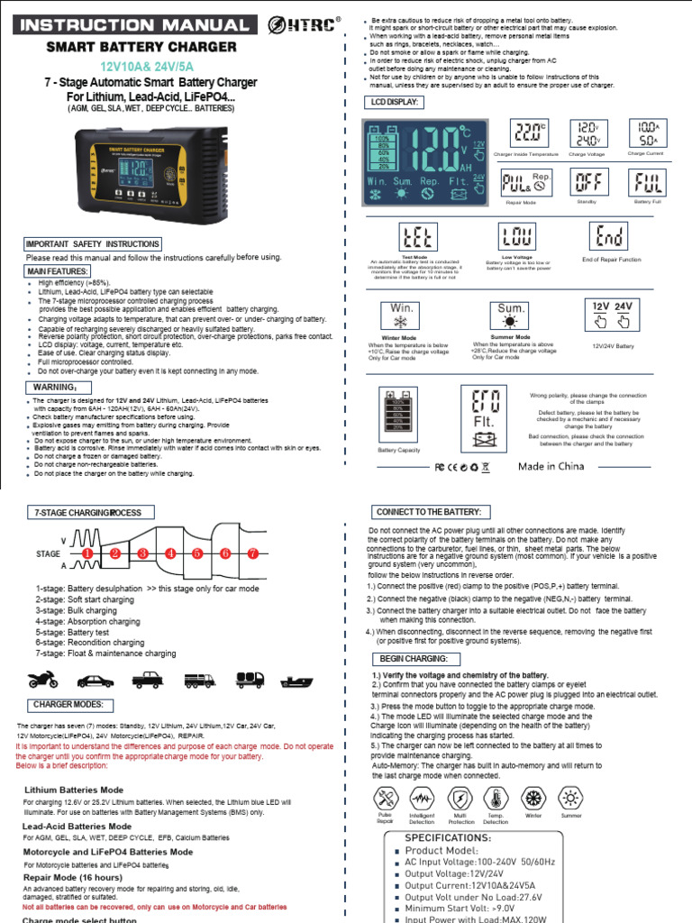 12V10A& 24V/5A: 7 - Stage Automatic Smart Battery Charger For Lithium ...