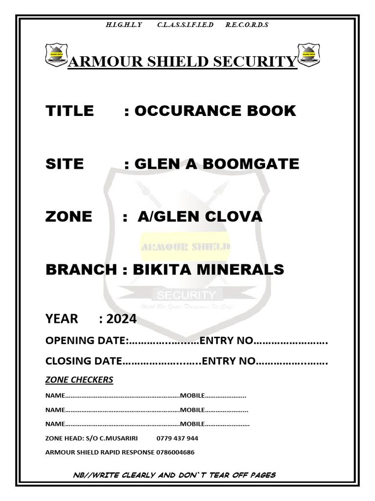 Armour Shield Occurrence Book 2024 | PDF | Technology & Engineering