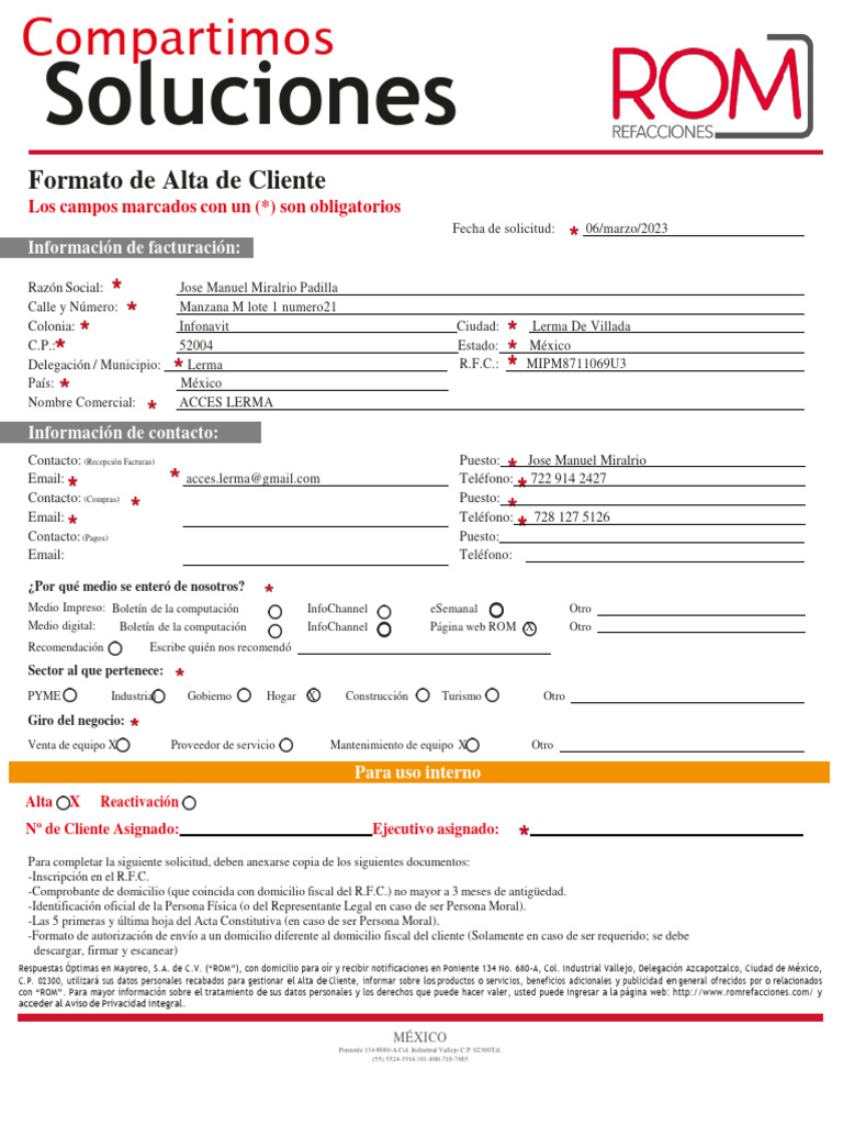 Formato de Alta de Cliente V01 | Descargar gratis PDF | Informática
