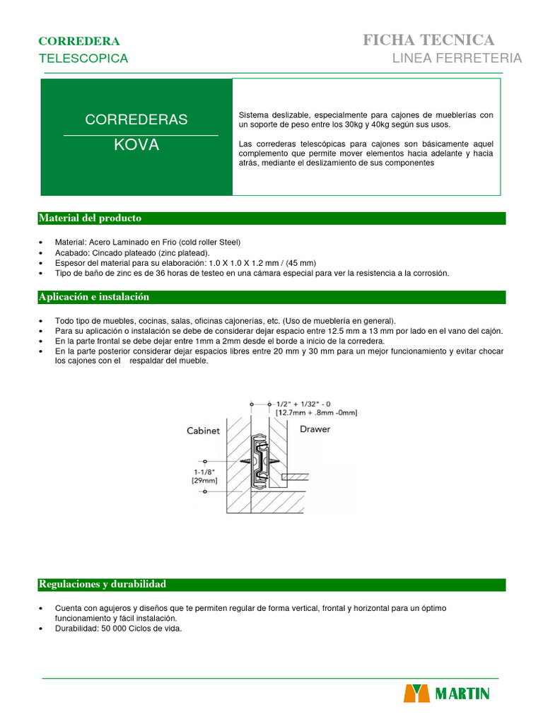 Ficha Tecnica de Correderas Telescopicas Kova | PDF