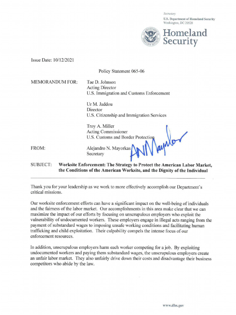 2021 Memorandum From DHS Secretary Mayorkas On DALE | PDF | Employment ...
