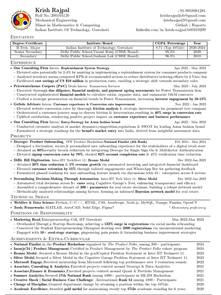 Krish Rajpal 200103120 CV Combined | PDF | Customer Experience | Web Development