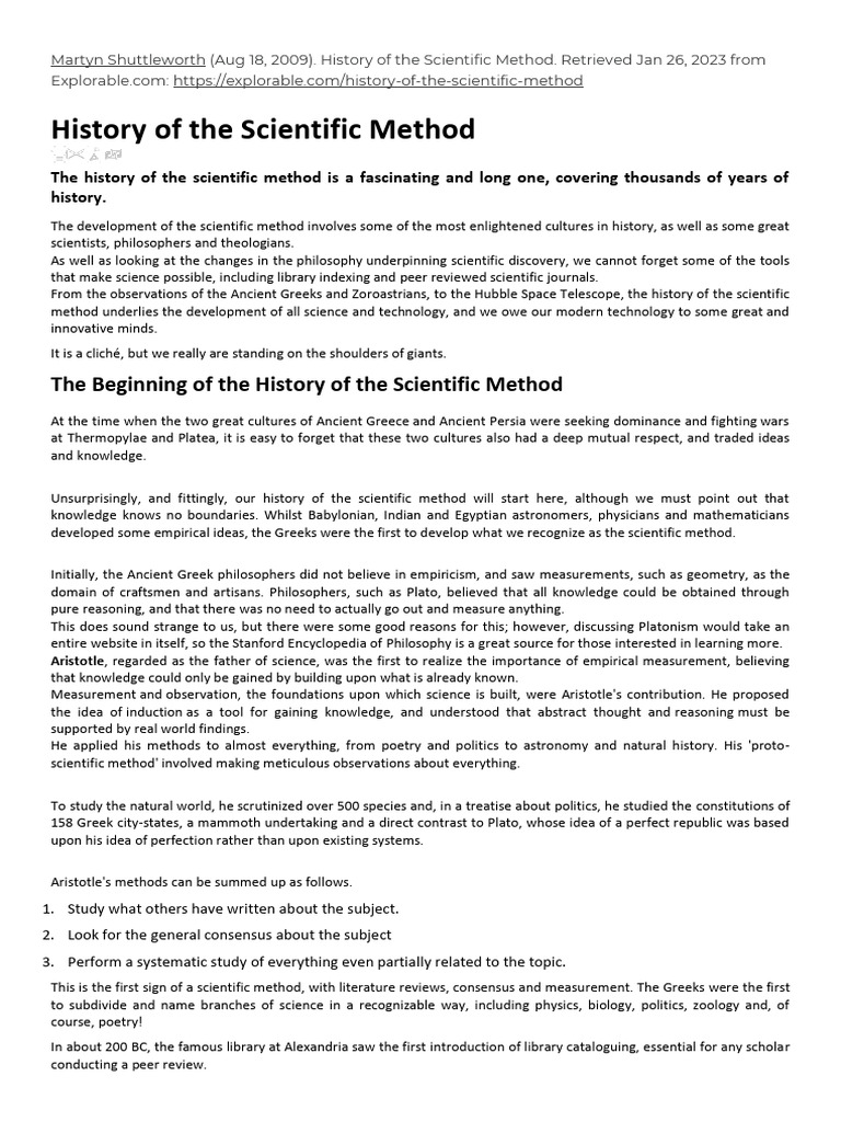 IB TOK Article - History of The Scientific Method | PDF | Science | Scientific Method