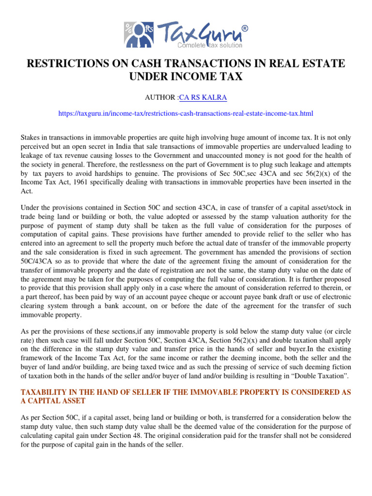 Restrictions On Cash Transactions in Real Estate Under Income Tax ...