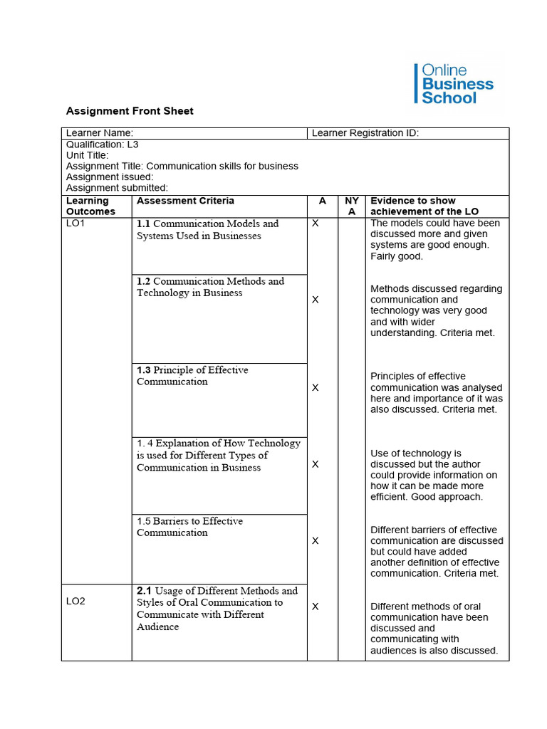 Communication Skills For Business Grade Sheet | PDF | Communication ...