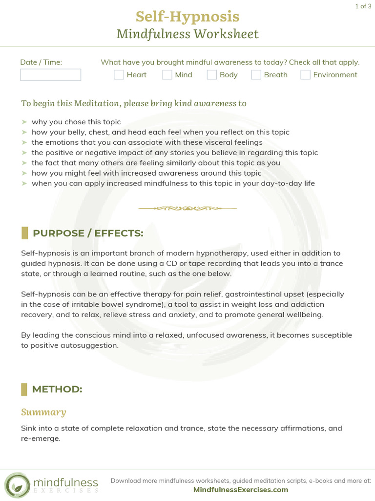 Self-Hypnosis Mindfulness Worksheet | PDF | Hypnosis | Mind Control