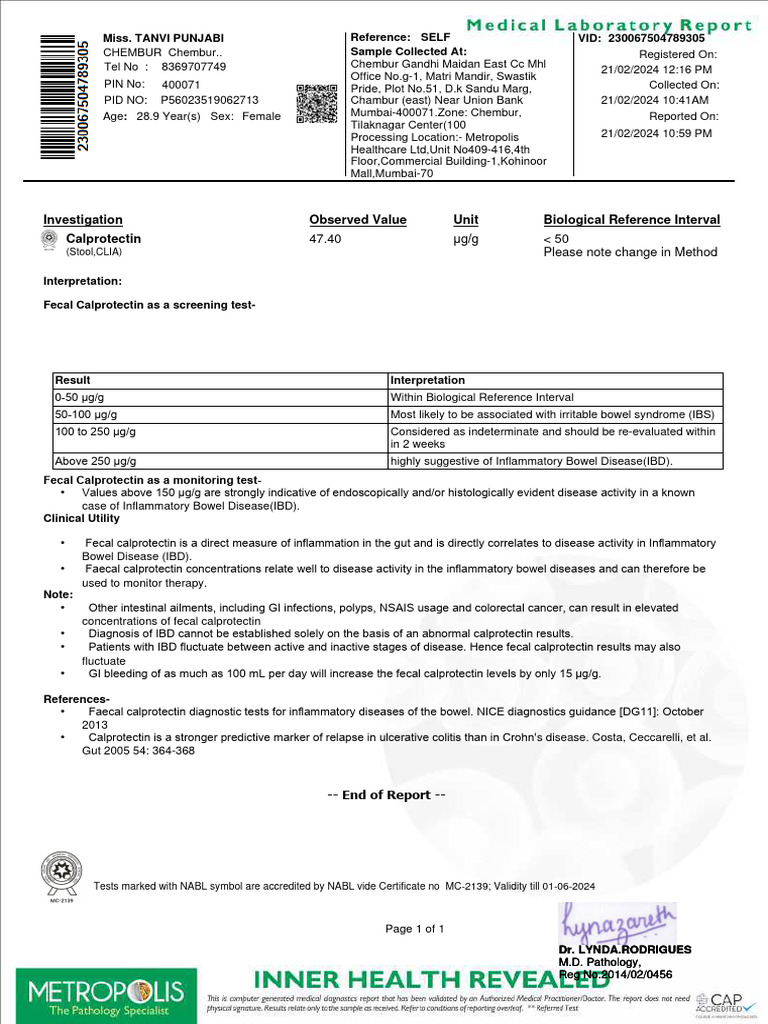 Calprotectin Test Feb 2024 | PDF