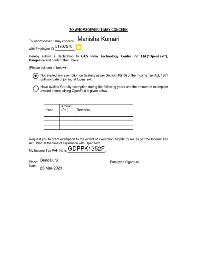 G. Gratuity Declaration Form | PDF