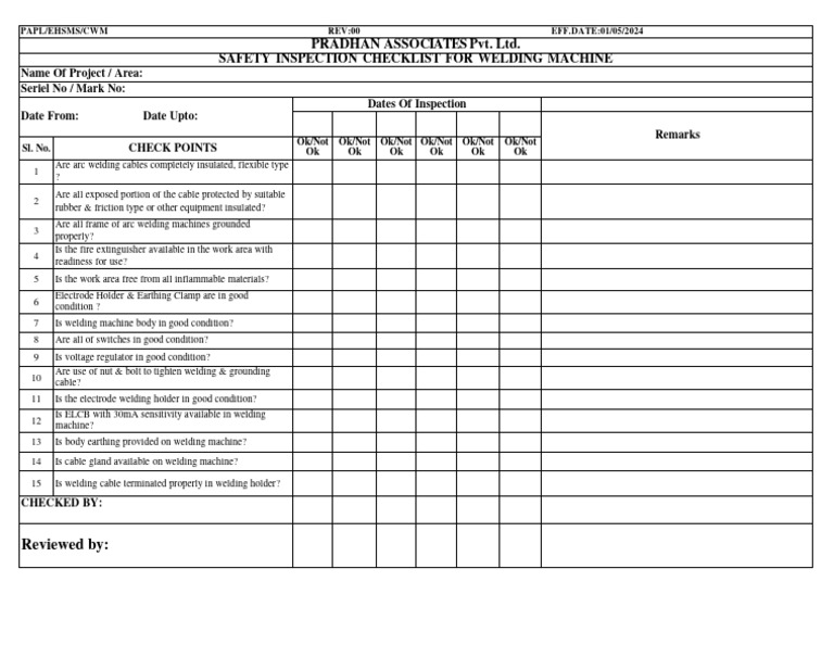 WELDING MACHINE CHECKLIST | PDF