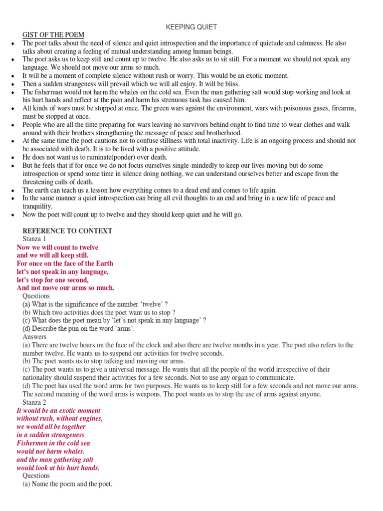 Keeping Quiet: Class 12 Q&A Guide | PDF | Silence