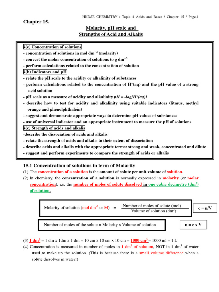 New note Chapter 15 Molarity, pH scale and strengths of acids and ...