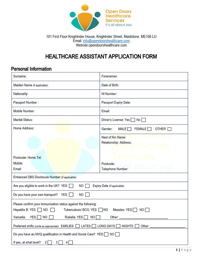Healthcare Assistant Application Form - Open 2 | PDF | Health Care