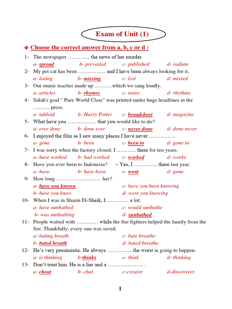 Exam of Unit 1 mr hassan elnaggar (darsenglizy.com موقع درس انجليزي) | PDF