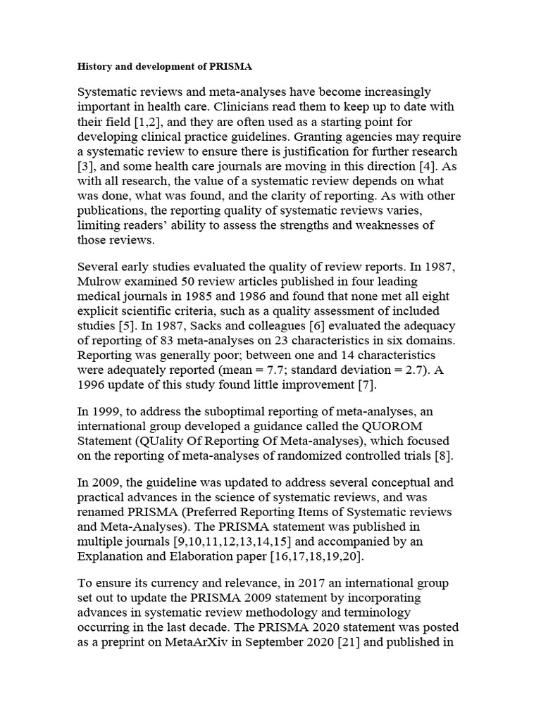History and Development of PRISMA | PDF | Knowledge Management | Health ...