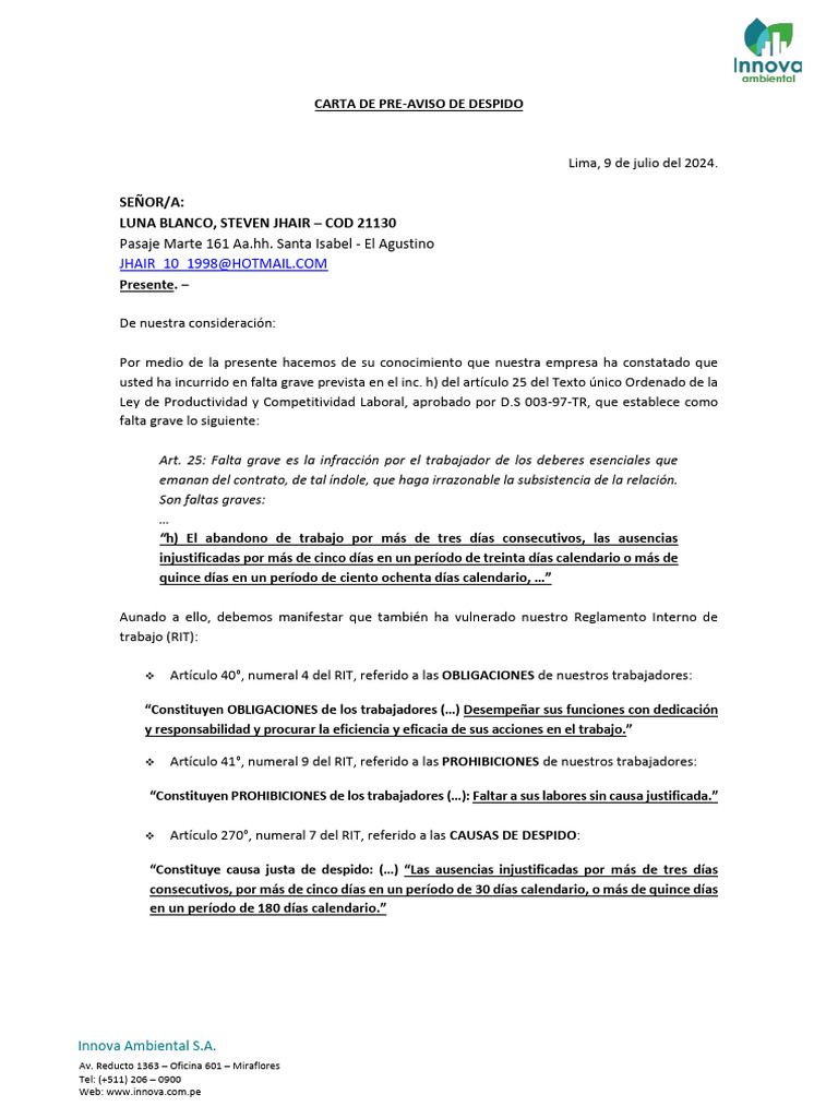 Carta de Pre - Luna Blanco Steven Jhair - Cod 21130 | PDF | Justicia | Crimen y violencia