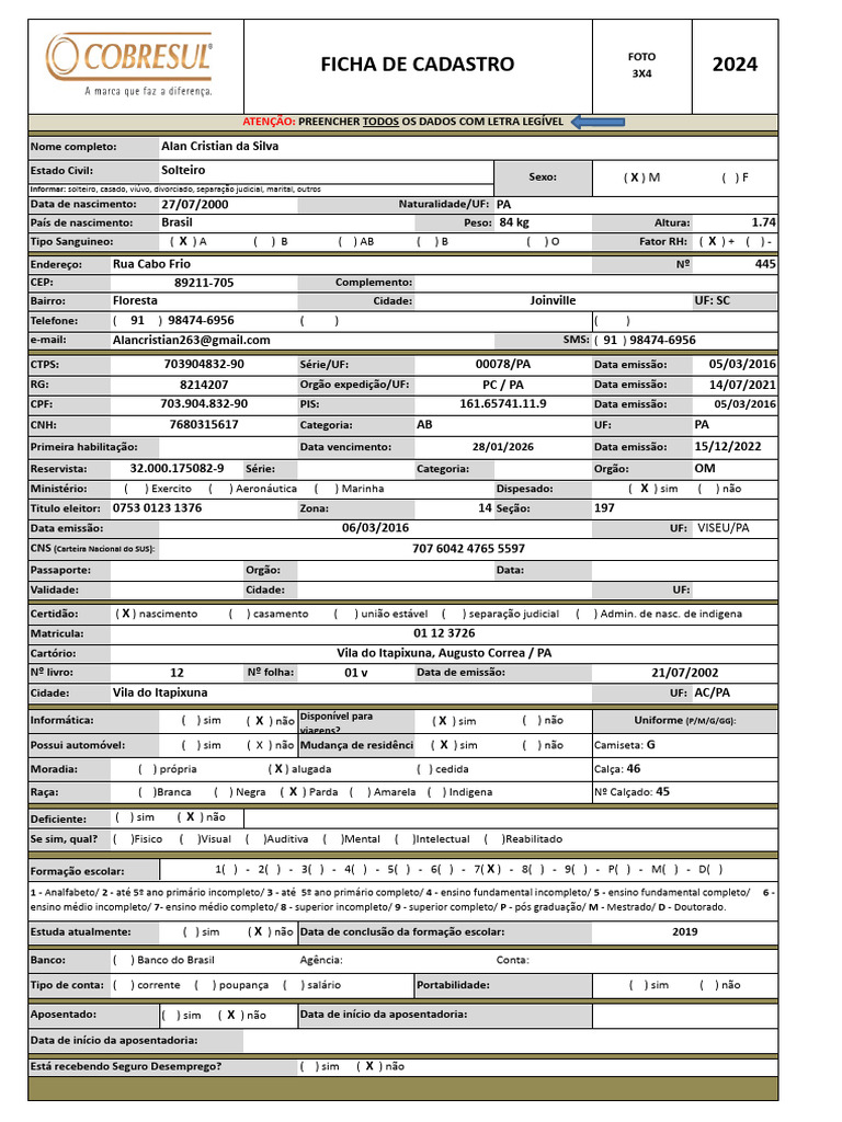 2 - Ficha Cadastral Alan Cristian Da Silva | PDF | Economias