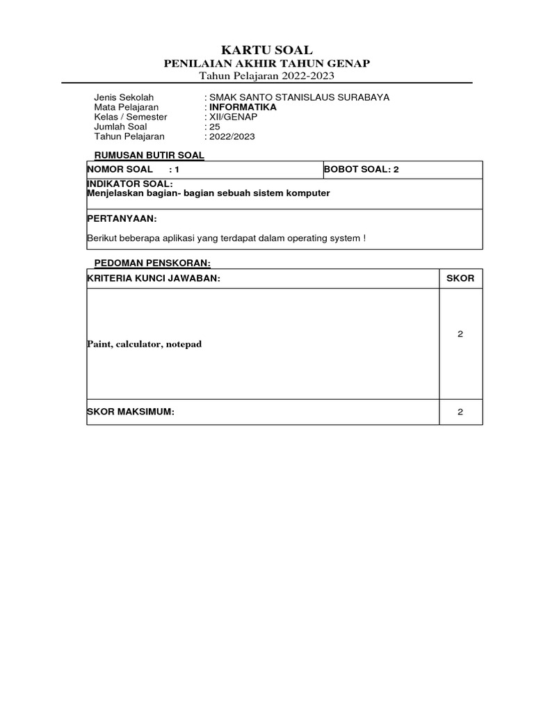 Kartu Soal Pat Tik 12 | PDF | Komputer