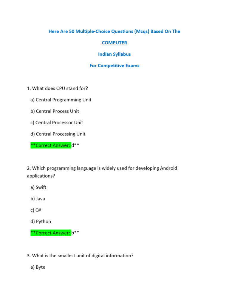 Computer MCQ For Competitive Exams | PDF | Computer Data Storage ...