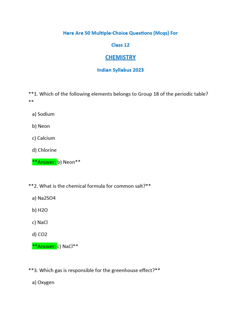 Class 12 Chemistry MCQ | PDF | Chlorine | Acid