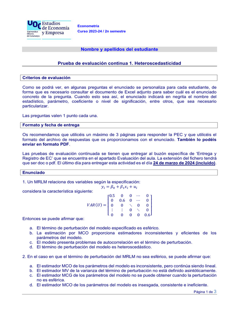 Econom. - PEC 1 | PDF | Estimador | Mínimos cuadrados ordinarios