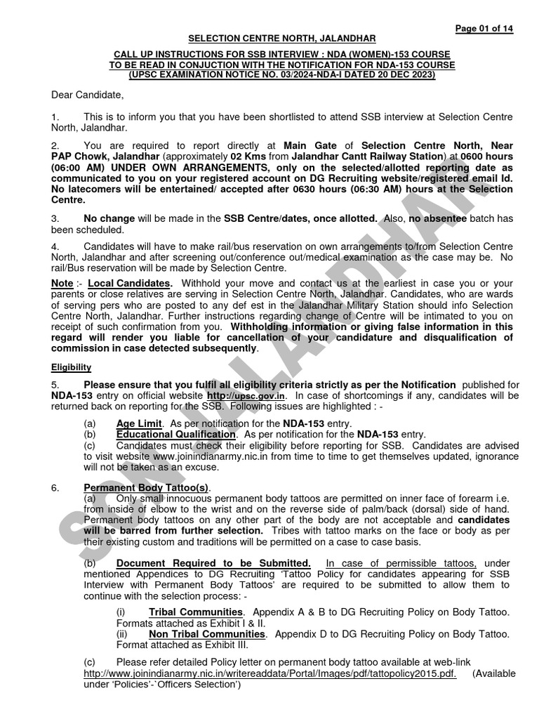 Call Up Letter SCN Jalandhar For Nda (Women) 153 Course | PDF ...